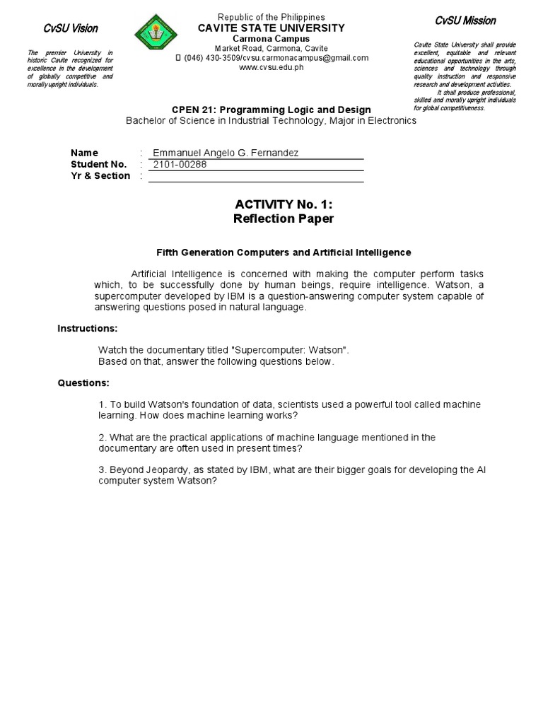 CvSU Mission and Vision | PDF | Watson (Computer) | Artificial Intelligence