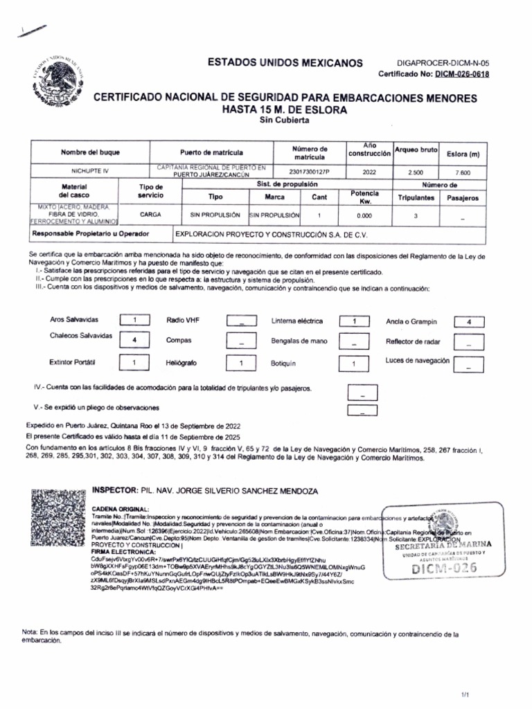 Certificado de Seguridad NICHUPTÉ IV | PDF | Envío | Buques