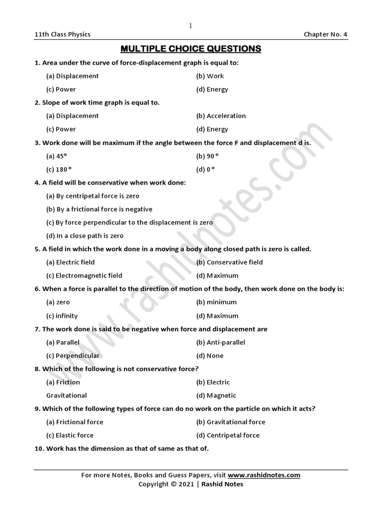Chapter No. 4 (MCQS) | Download Free PDF | Force | Power (Physics)