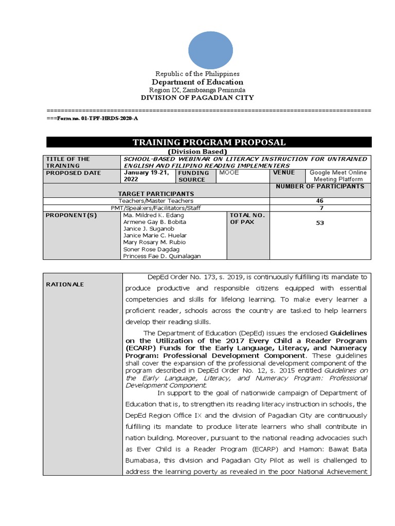 Training Proposal On English Filipino Implementers | PDF | Literacy ...
