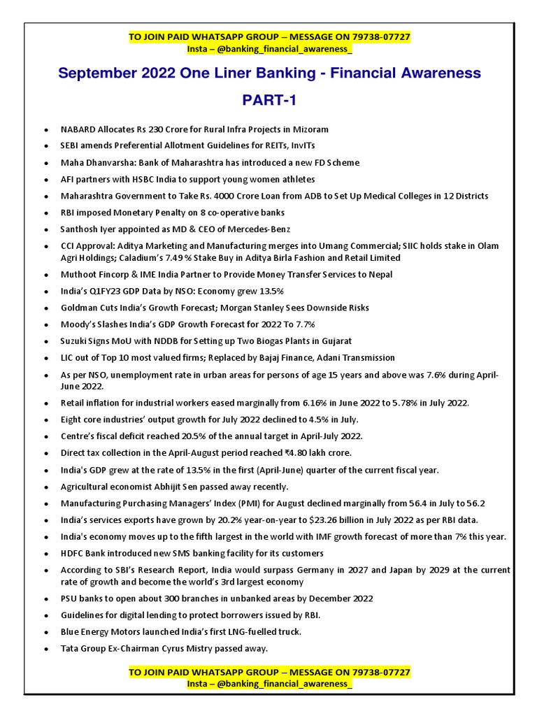Banking Financial One Liner Sept Part-1 | PDF | Reserve Bank Of India | Banks