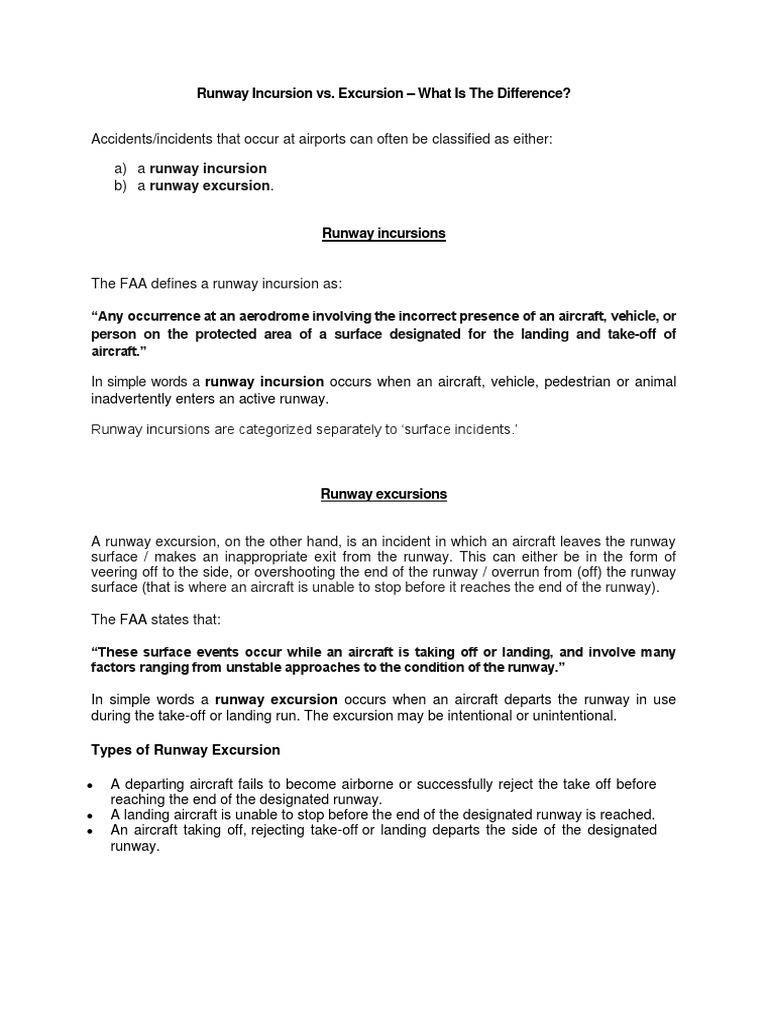 RWY Incursion Vs RWY Excursion | PDF