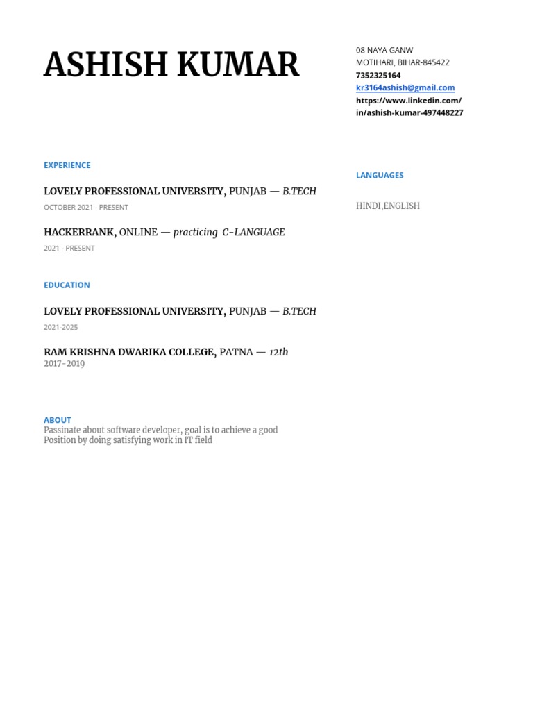 Ashish Kumar: Lovely Professional University, Punjab - B.Tech | PDF