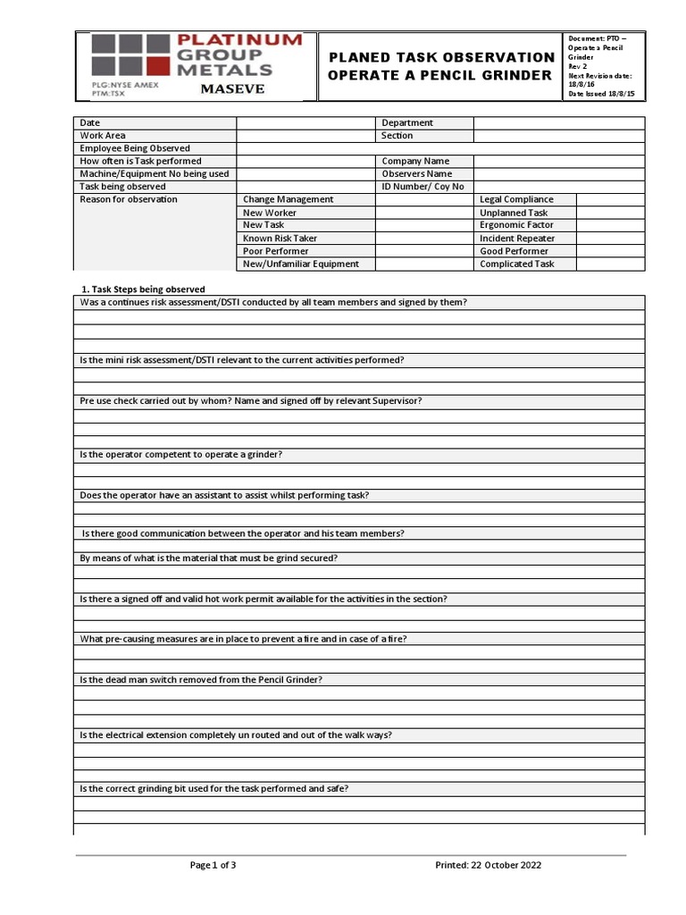 Pencil Grinder Safety Checklist | PDF | Grinding (Abrasive Cutting ...