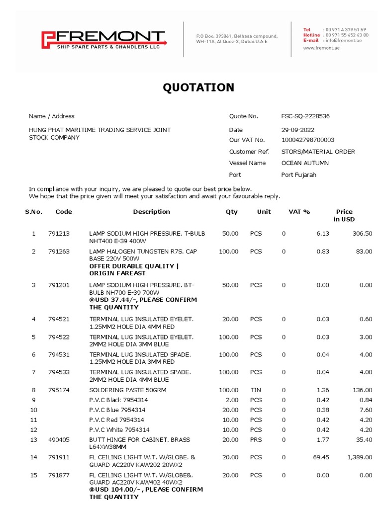 Sales Quotation (VAT) - FSC-SQ-2228536 | PDF | Electrical Equipment | Lighting