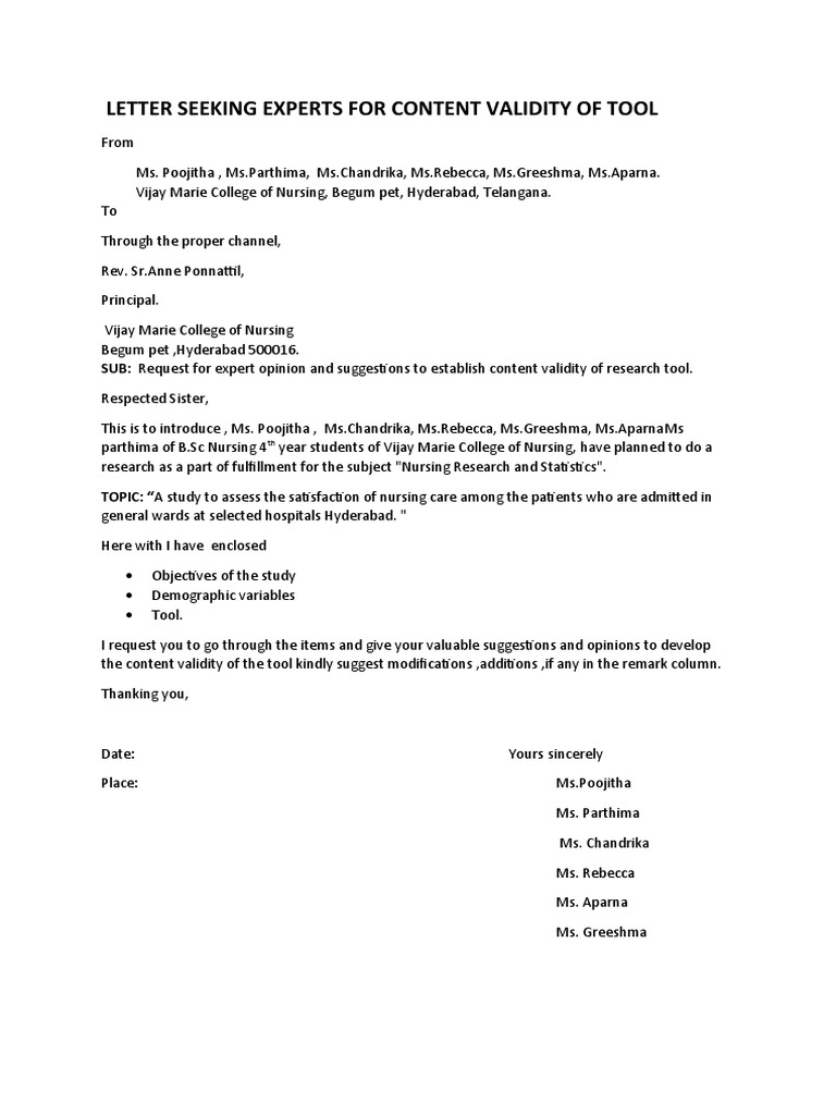 Letter Seeking Experts For Content Validity of Tool | PDF