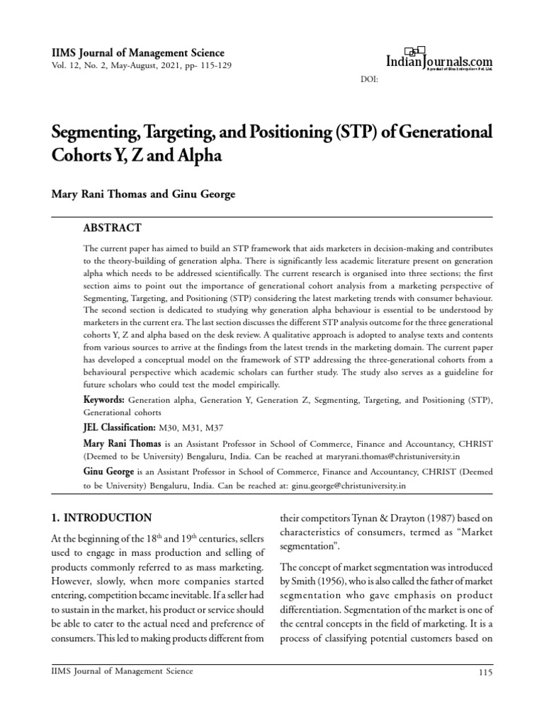 Segmenting, Targeting, and Positioning (STP) of Generational Cohorts Y ... Segmenting, Targeting, and Positioning (STP) of Generational Cohorts Y ...