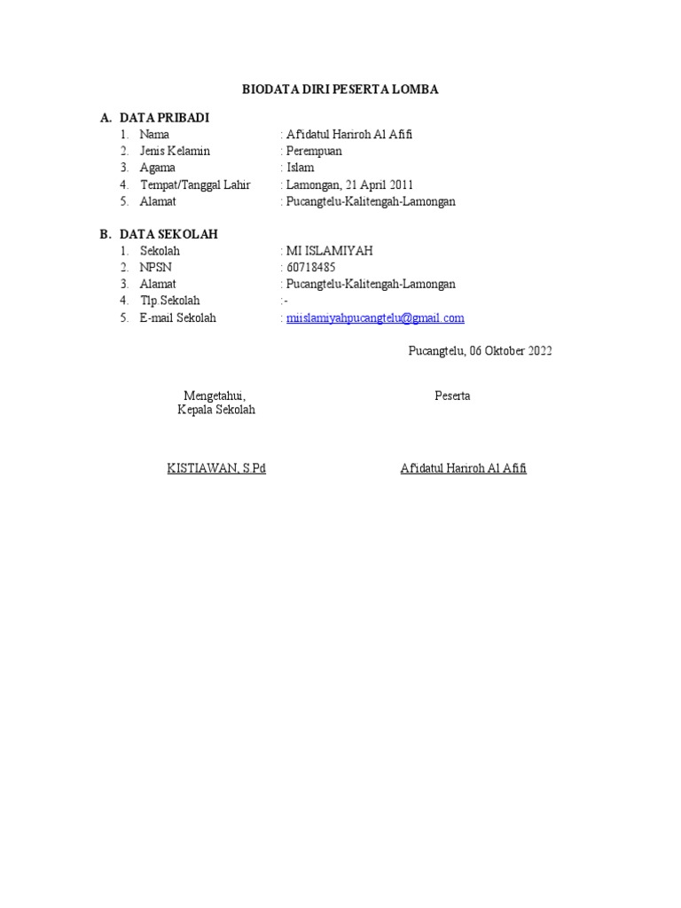 Biodata Diri Peserta Lomba | PDF