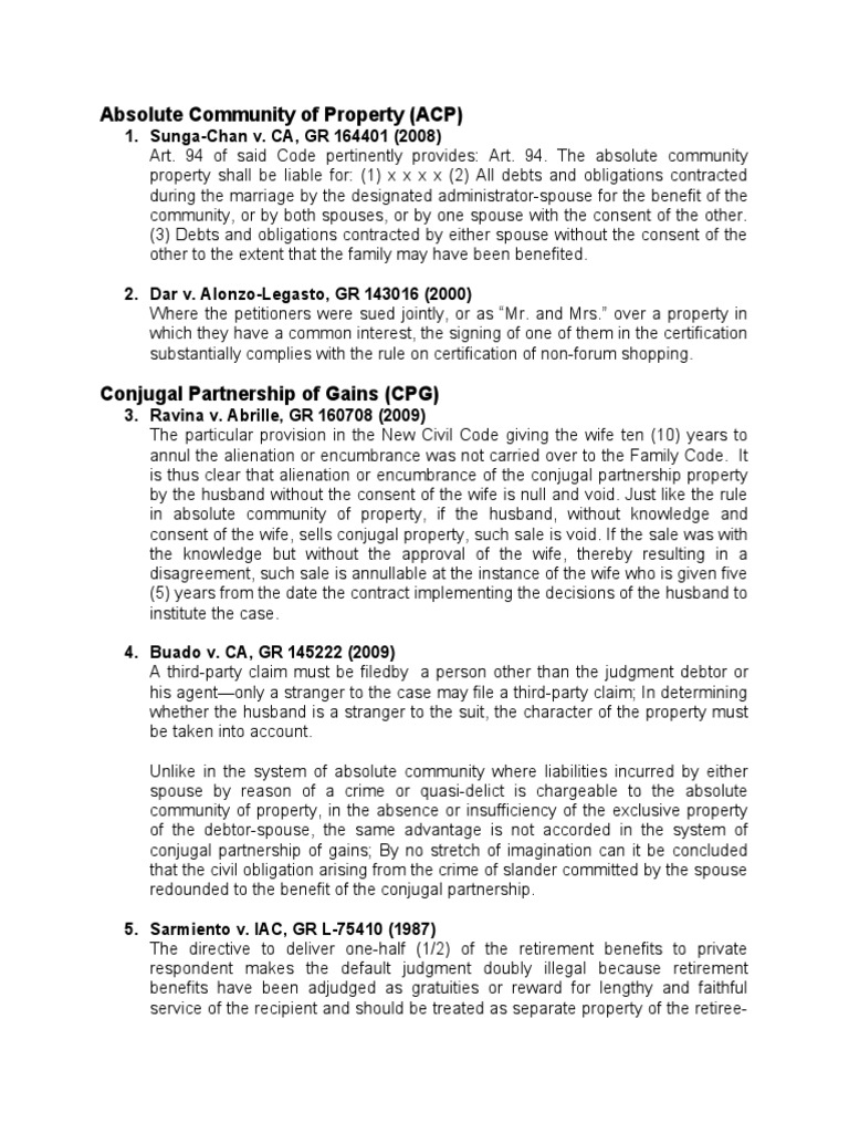 Case Doctrines - Absolute Community of Property and Conjugal Property ...