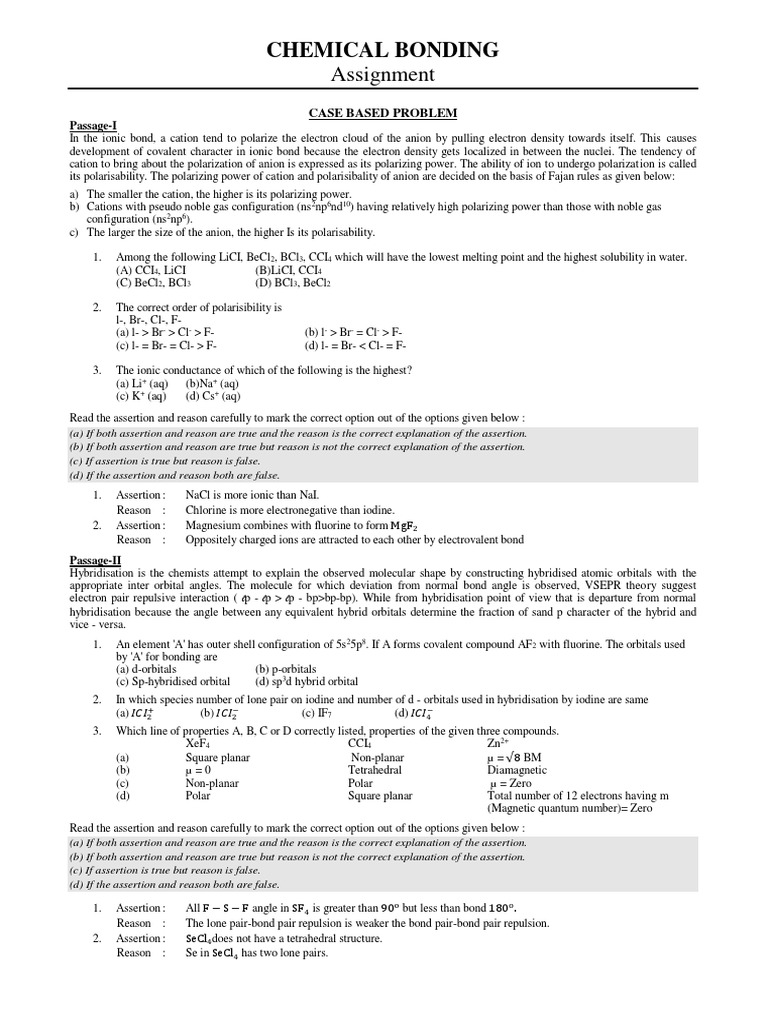 CHEMICAL BONDING Assignment | PDF | Chemical Bond | Ionic Bonding