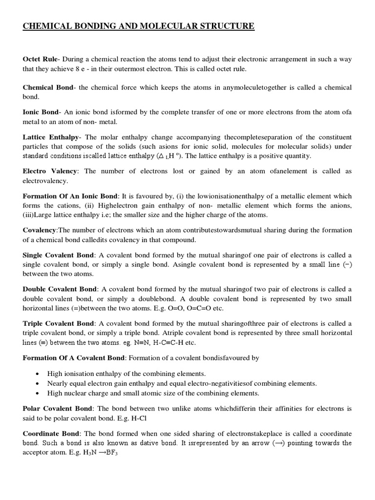Chemical Bonding and Molecular Structure | PDF | Chemical Bond | Covalent Bond