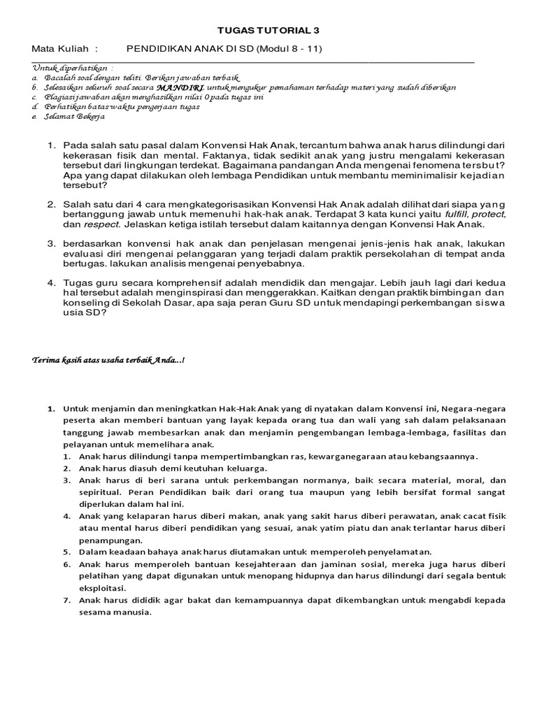 Tugas Tutorial 3 Pendidikan Anak Di SD | PDF