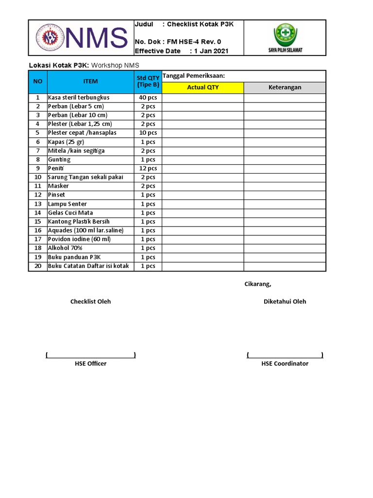 Checklist P3K untuk HSE Officer | PDF