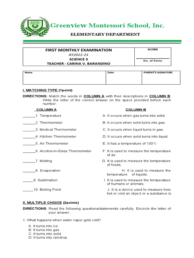Science 3 1ST Monthly Examination | PDF | Liquids | Phase (Matter)