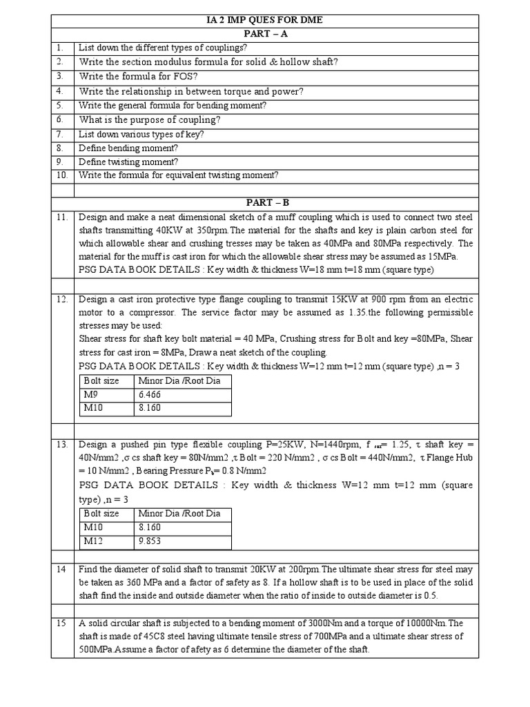 Iat - Ii Imp Questions Dme STD | PDF | Stress (Mechanics) | Screw