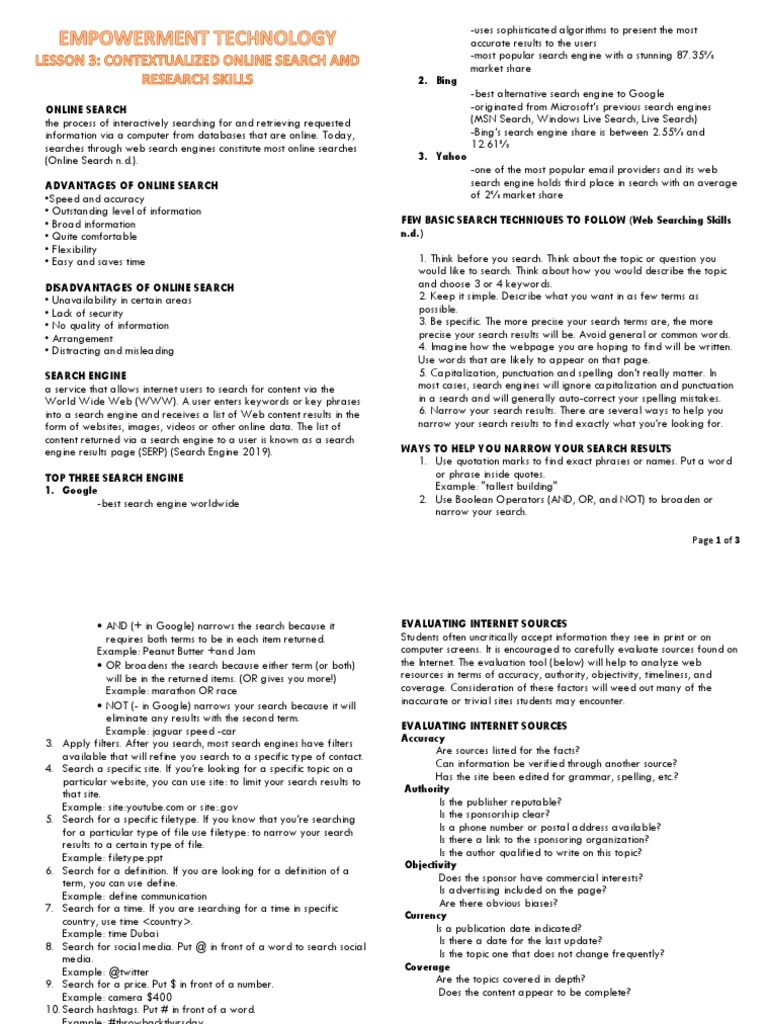 Emptech-Lesson-3 Contextualized Online Search and Research Skills | PDF ...