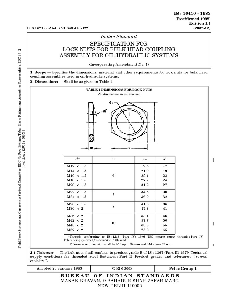 Specification For Lock Nuts For Bulk Head Coupling Assembly For Oil-Hydraulic Systems | PDF ...