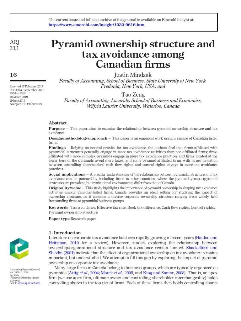 Mindzak. 2019. Pyramid Ownership Structure and Tax Avoidance Among ...