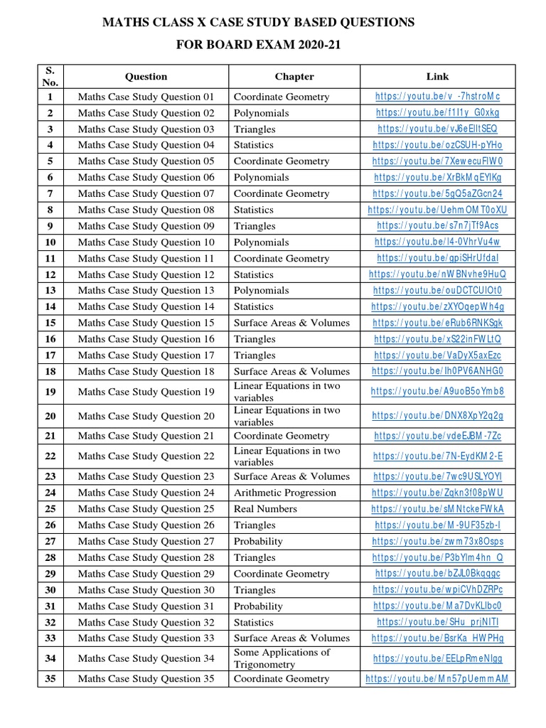 Maths Class X Case Study Based 35 Questions | PDF | Mathematics | Equations