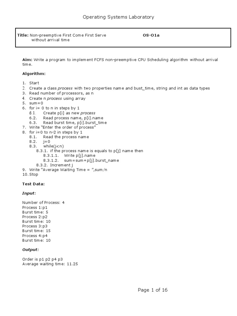 Operating Systems Laboratory: Title: Non-Preemptive First Come First Serve OS-O1a | PDF | Input ...