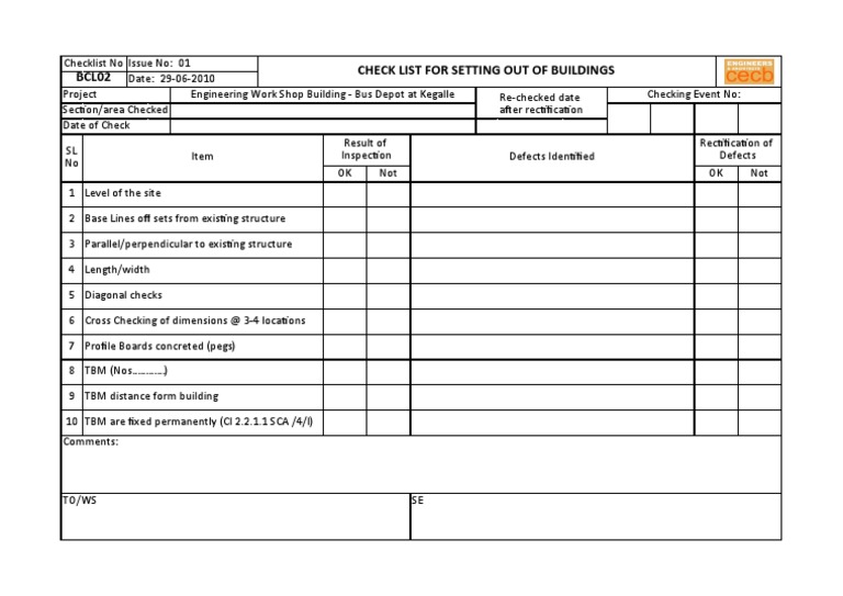 BCL02 Checklist - Setting Out | PDF