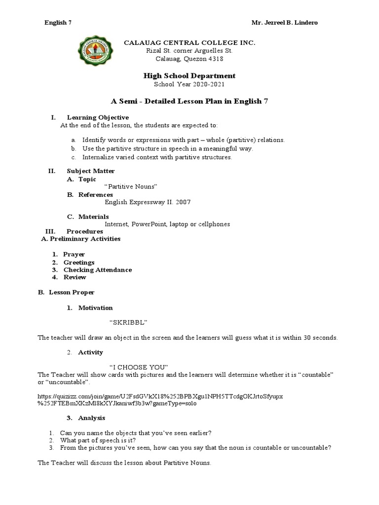 Semi Detailed Lesson Plan in English 7 | PDF | Lesson Plan | English ...