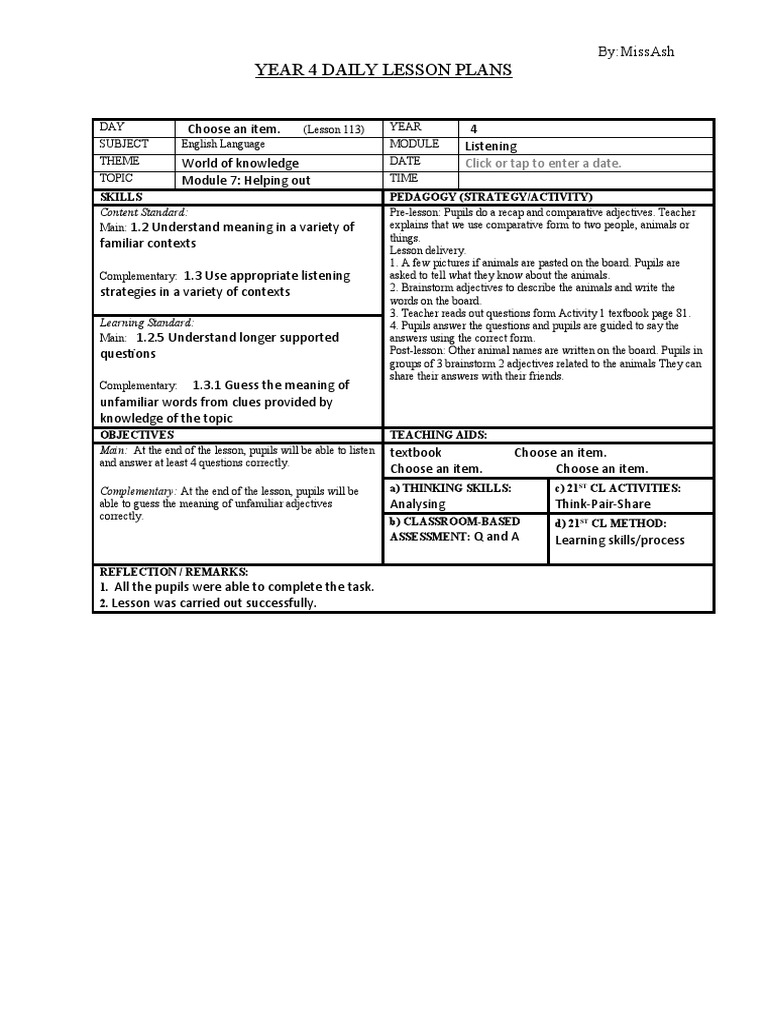 Year 4 Daily Lesson Plans: Skills Pedagogy (Strategy/Activity) | PDF ...