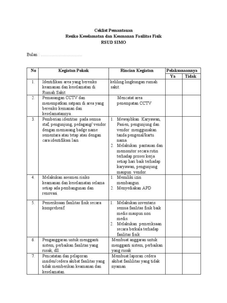 Ceklis Pemantauan Resiko Keselamatan & Keamanan RS | PDF