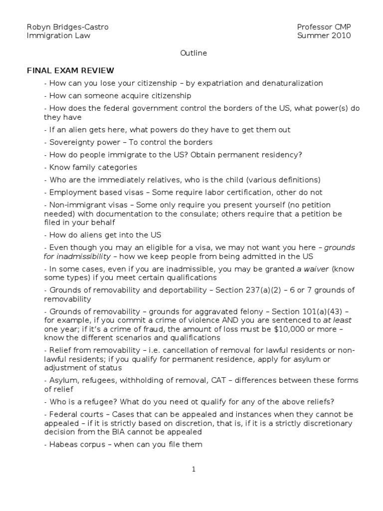 Immigration Final Outline | PDF | H 1 B Visa | Naturalization