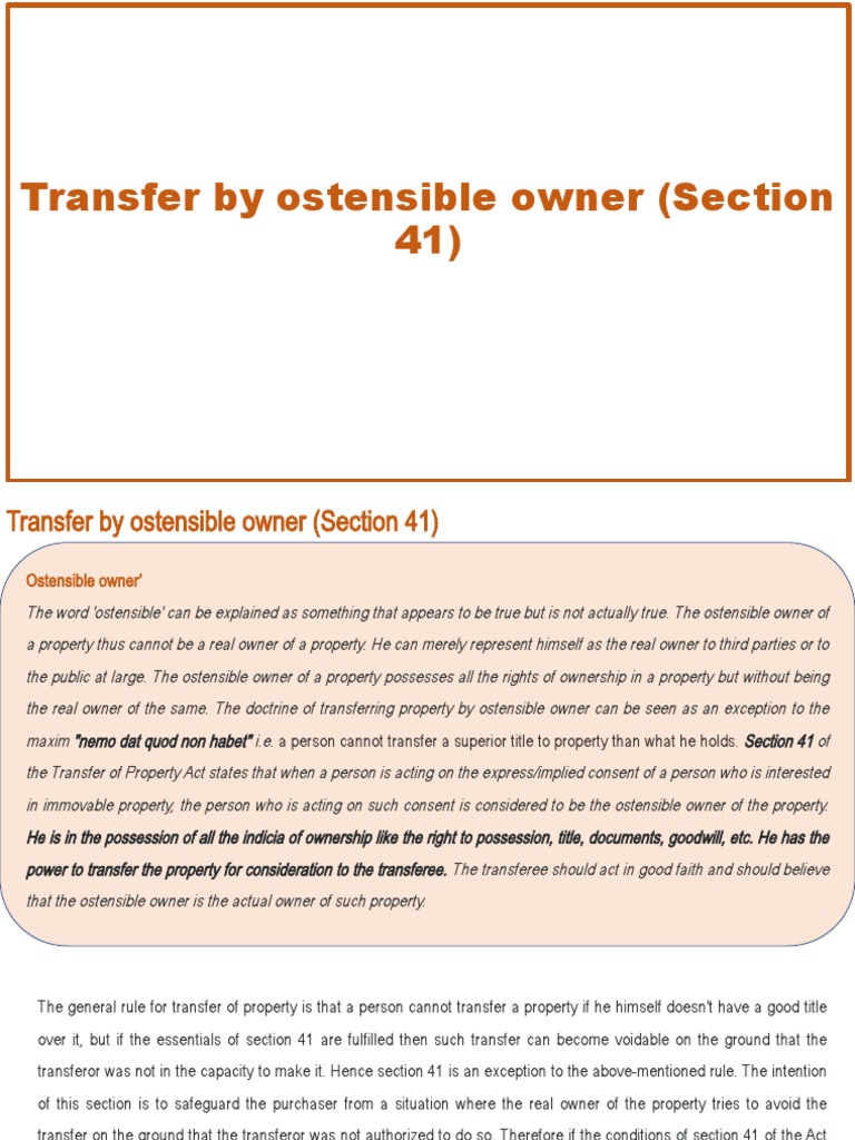 Transfer by Ostensible Owner (Section 41) | PDF | Property | Possession (Law)