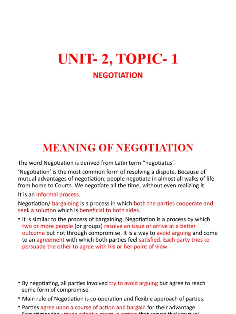 Unit - 2, Topic - 1 Negotiation | PDF | Negotiation | Psychological Concepts