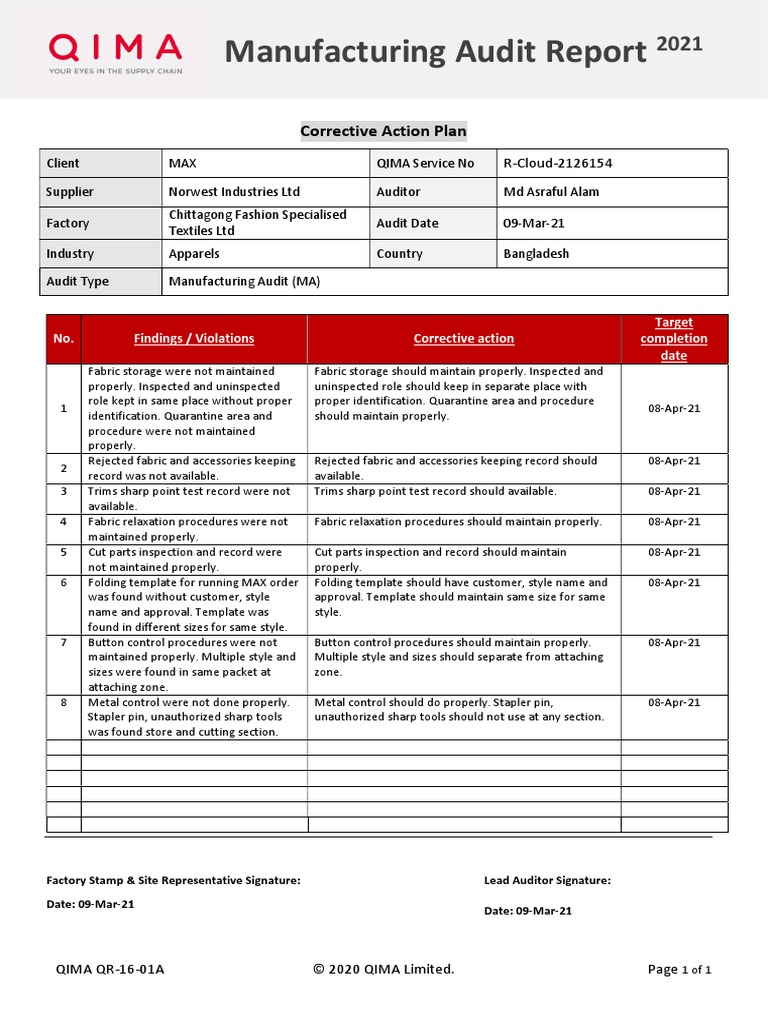 QIMA Manufacturing Audit Report | PDF | Textiles | Sewing