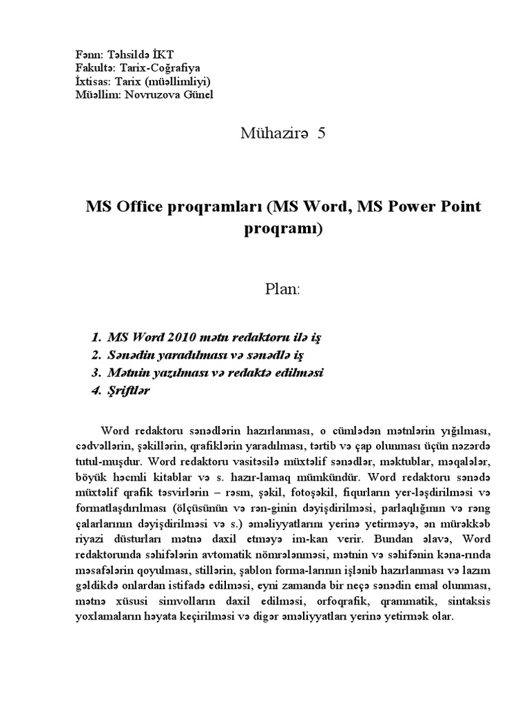 MUHAZİRƏ 5 MS Word | PDF
