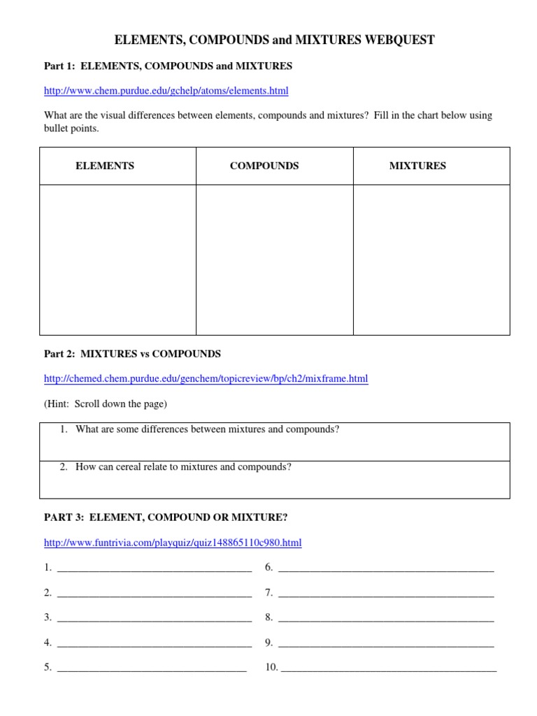 Elements Compounds and Mixtures Webquest | PDF | Atomic Nucleus ...