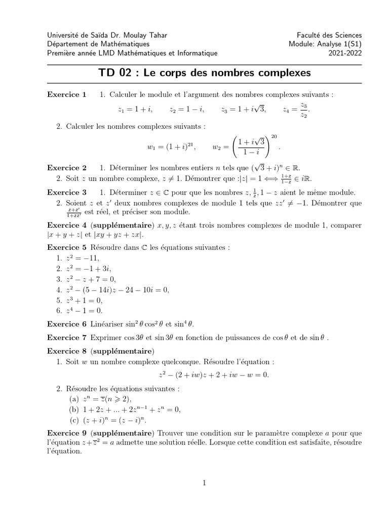 TD Complexe2021 | PDF | Racine carrée | Nombre complexe