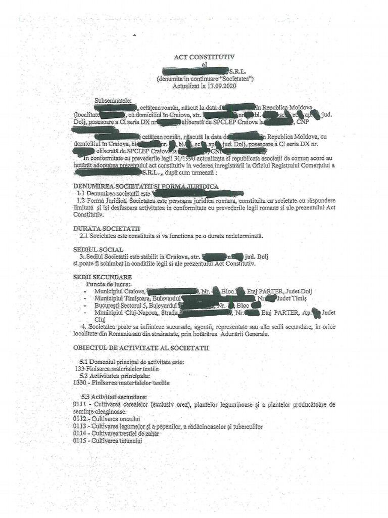 Act Constitutiv SRL Cu 2 Asociați | PDF