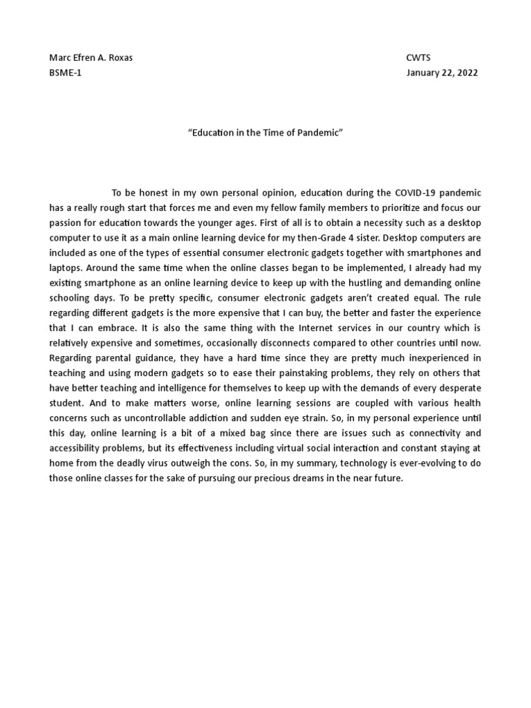 Roxas, Marc Efren A. - CWTS Education in Pandemic Reflection Paper | PDF