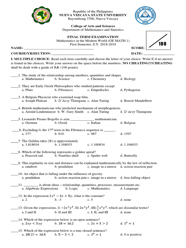 GE Math Final Exam | PDF | Median | Set (Mathematics)