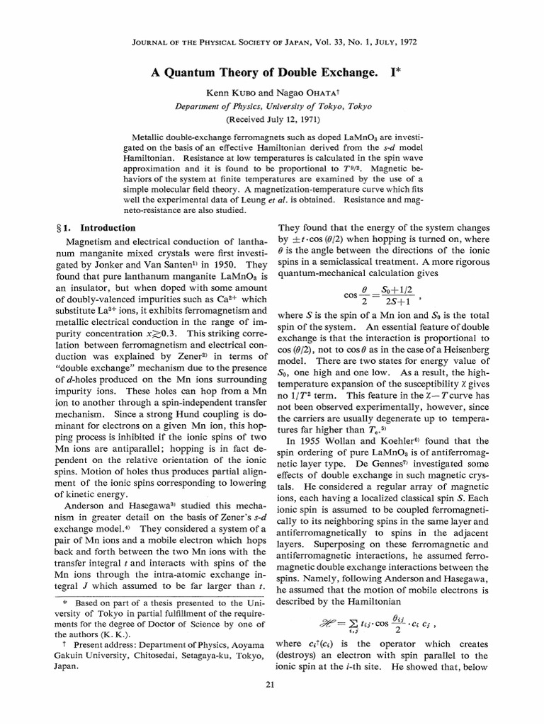 A Quantum Theory of Double Exchange | PDF