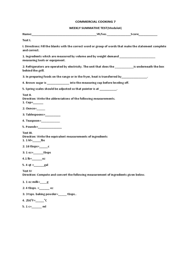 Cookery-9-Summative Test Module 4 | PDF
