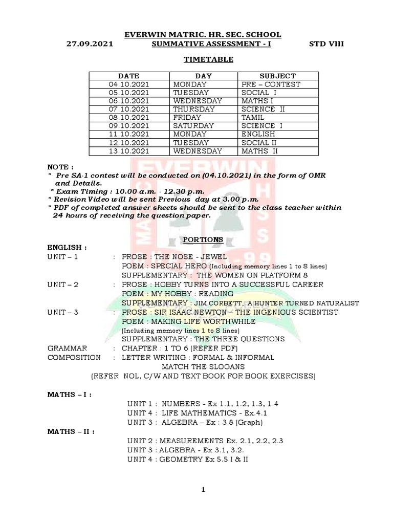Emk - Viii - Sa - 1 Time Table-1 | PDF | Mathematics | Science