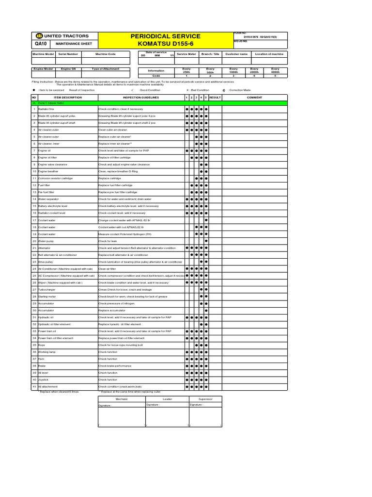 Periodical Service KOMATSU D155-6: Maintenance Sheet | PDF | Belt ...