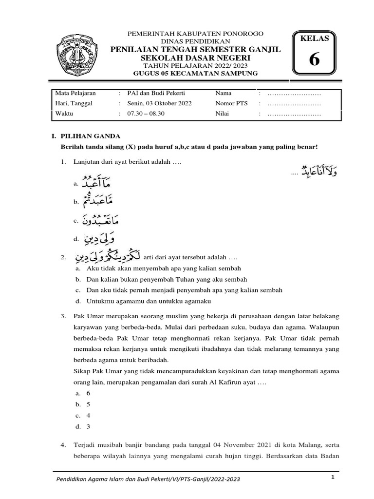 Soal PTS - Paibp - Kelas 6 - SMT 1 - 2022-2023 | PDF