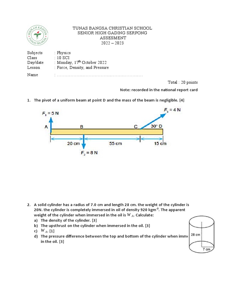 Physics Assessment: Force, Density, Pressure | PDF