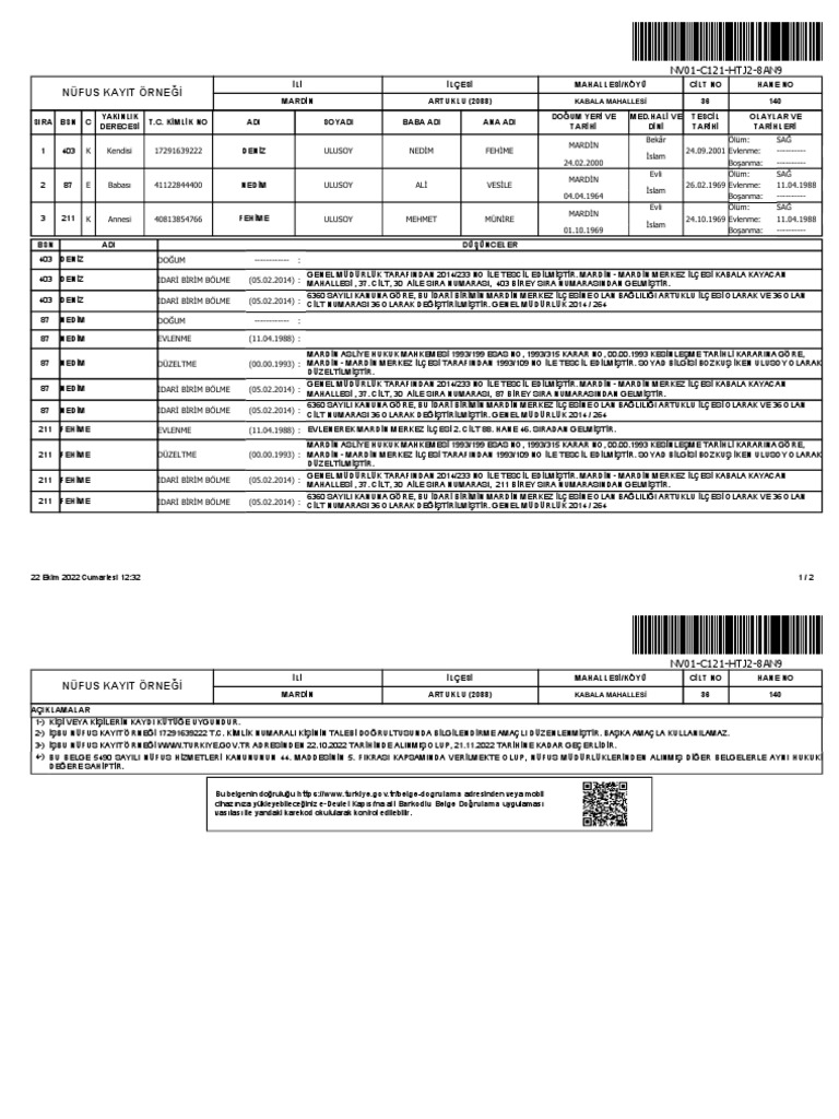 Nufus Kayit Ornegi | PDF