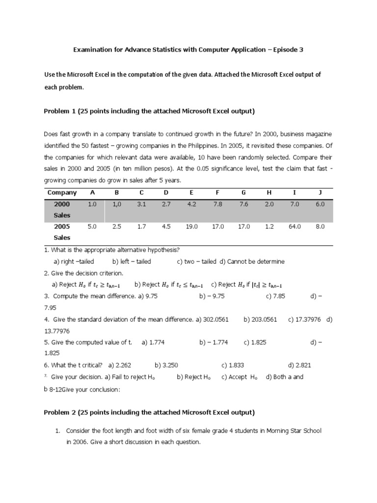 Advanced Statistics Exam: Excel Analysis | PDF | Statistics ...