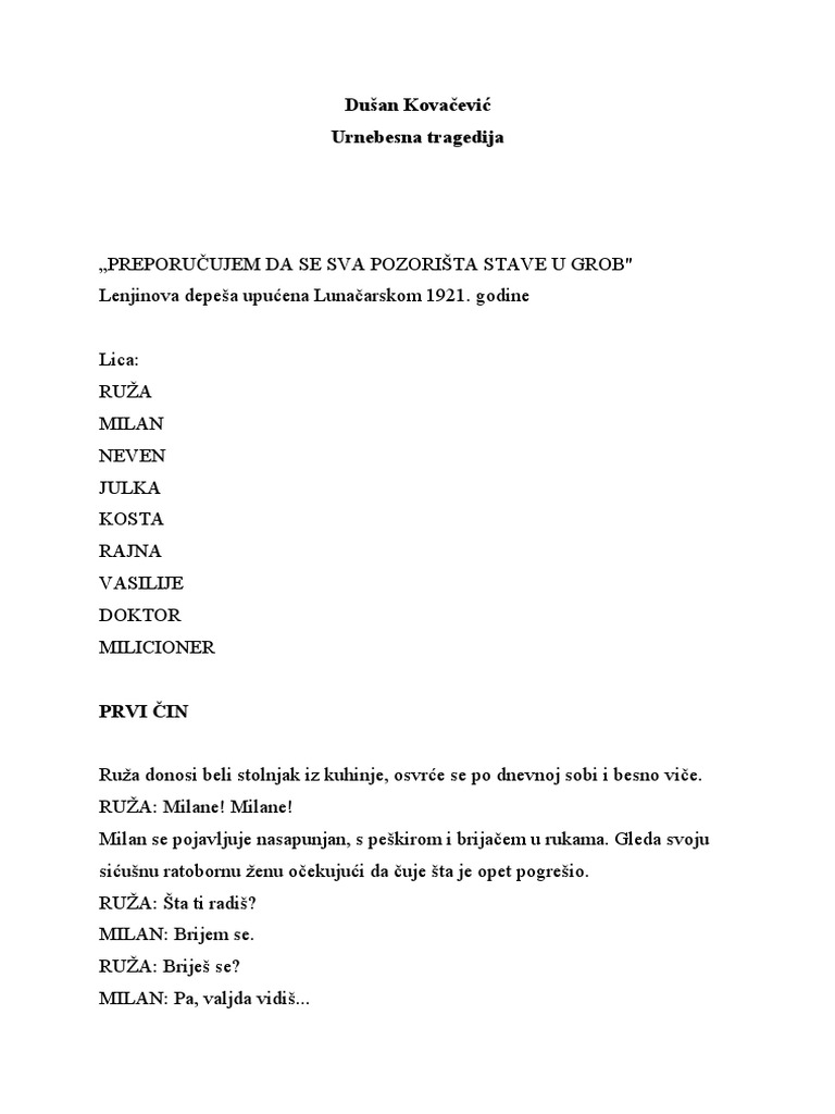 Dusan Kovacevic Urnebesna Tragedija | PDF