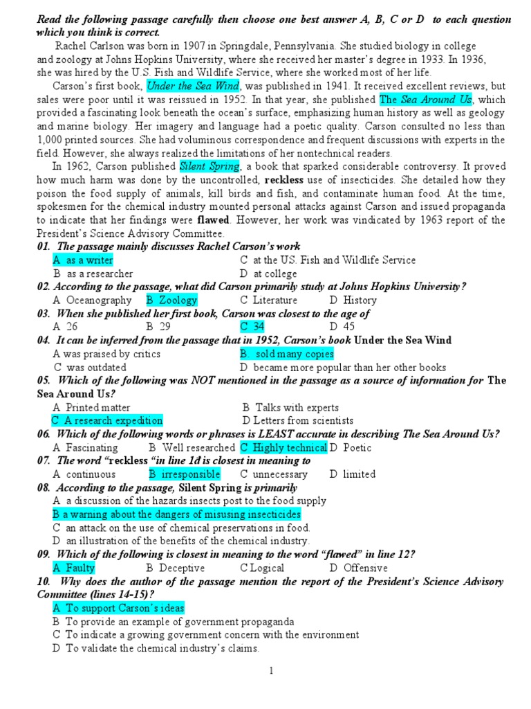 Read the Passage Carefully, Then Choose the Correct Answers - English Practice