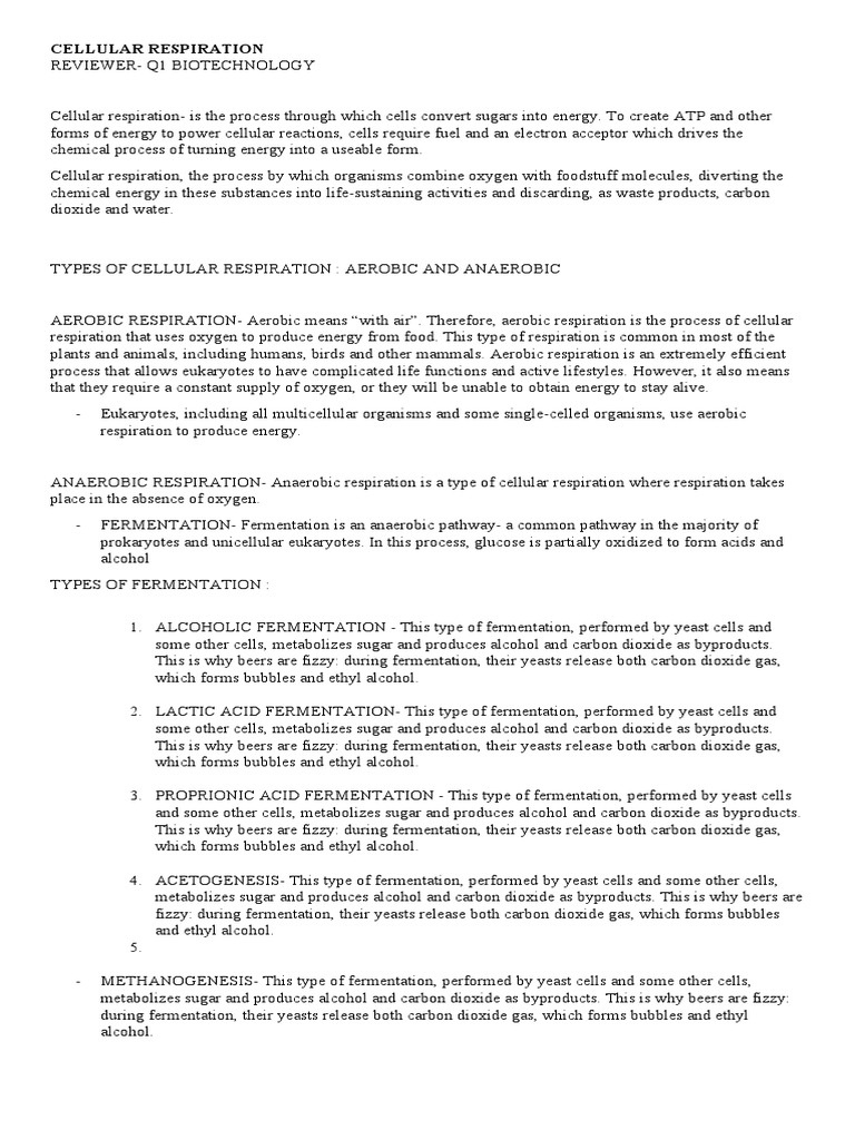 Cellular Respiration - Reviewer | PDF | Adenosine Triphosphate | Cellular Respiration