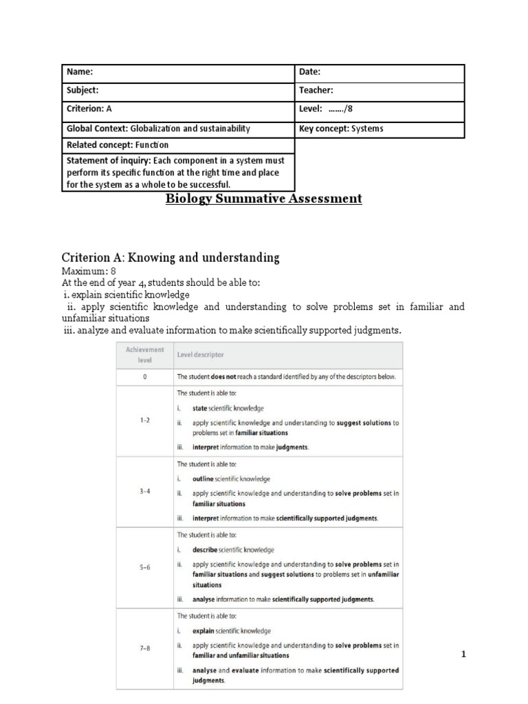 Biology Summative Assessment Guide | PDF | Biology | Cell (Biology)